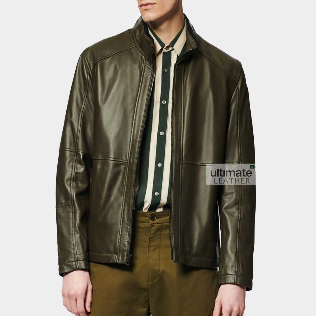 Stand Up Collar Leather Jacket | Men's Military Green Jacket